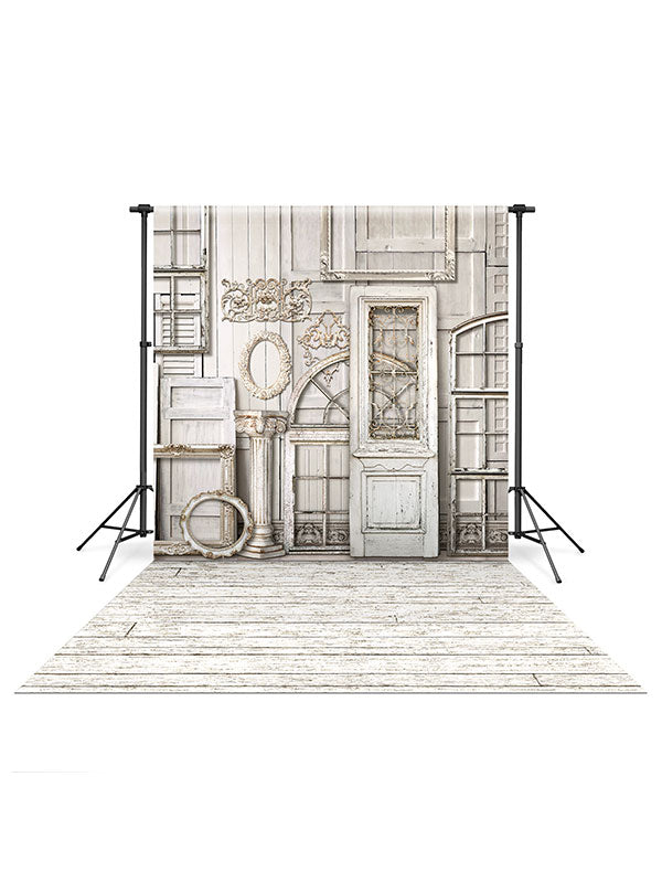 White Wooden Wall Backdrop and French Country White Wood Floor Drop Bu ...