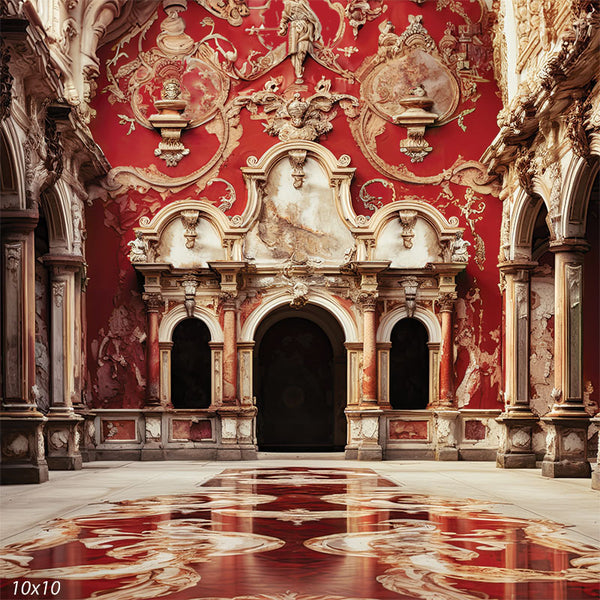 Distressed Baroque Red Palace Archway Photography Backdrop - Denny Mfg