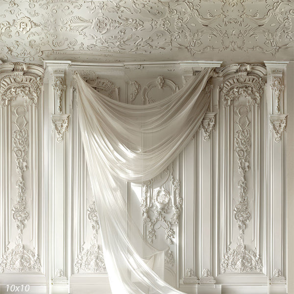 Elegant White Classical Panel Backdrop with Sheer Fabric - Denny ...