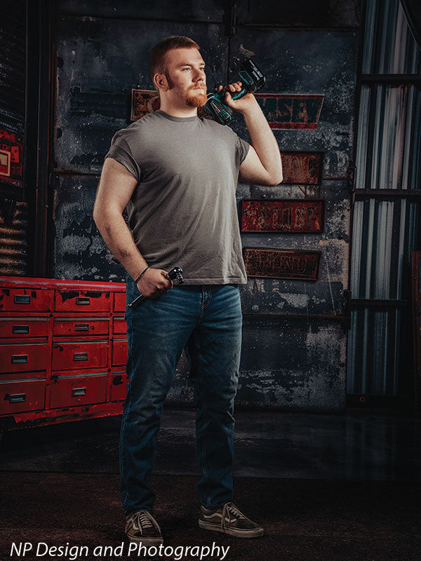 Industrial Garage Red Toolbox Photography Backdrop - Denny Manufacturing