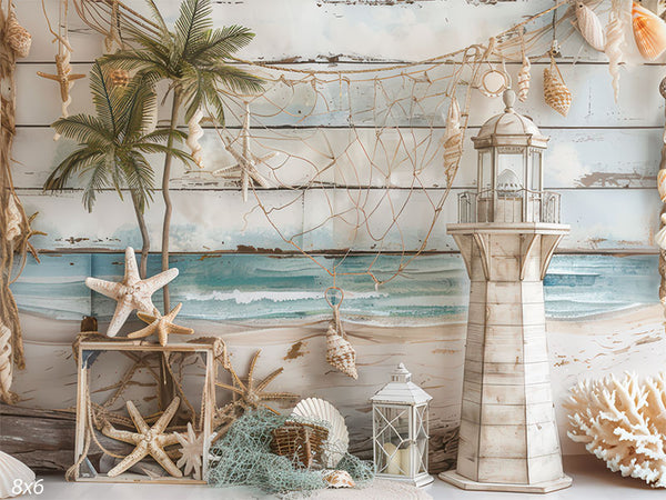 Coastal Lighthouse Backdrop with Seashells and Palm Decor - Denny ...