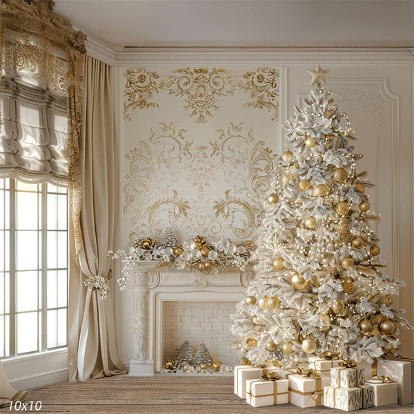 Luxury White and Gold Christmas Tree Backdrop with Ornate Fireplace ...