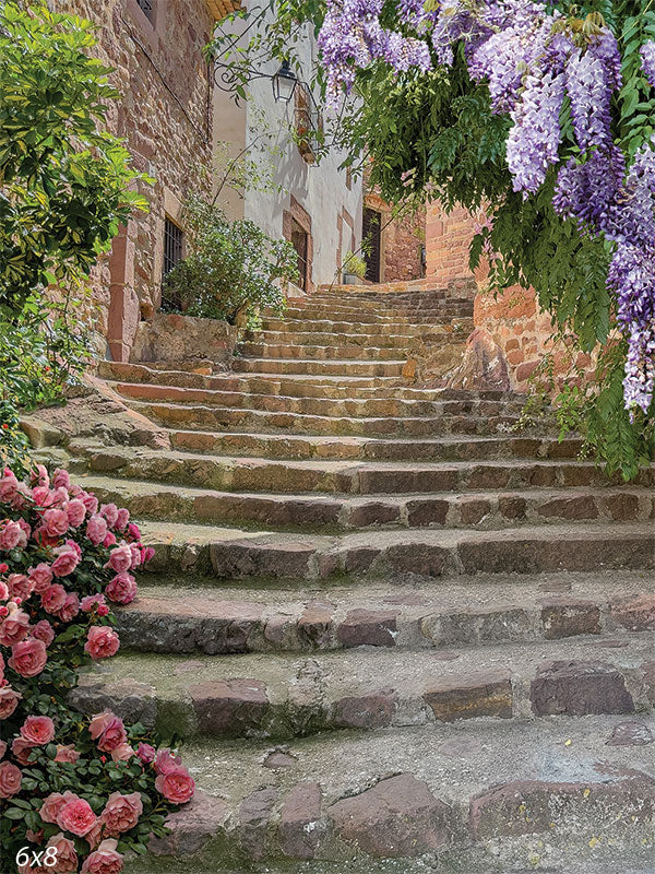 Rustic Stone Staircase with Floral Accents Backdrop - Denny Manufacturing