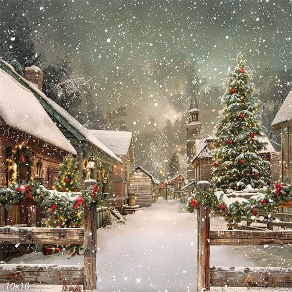 Charming Snow-Covered Holiday Village Backdrop - Denny Mfg
