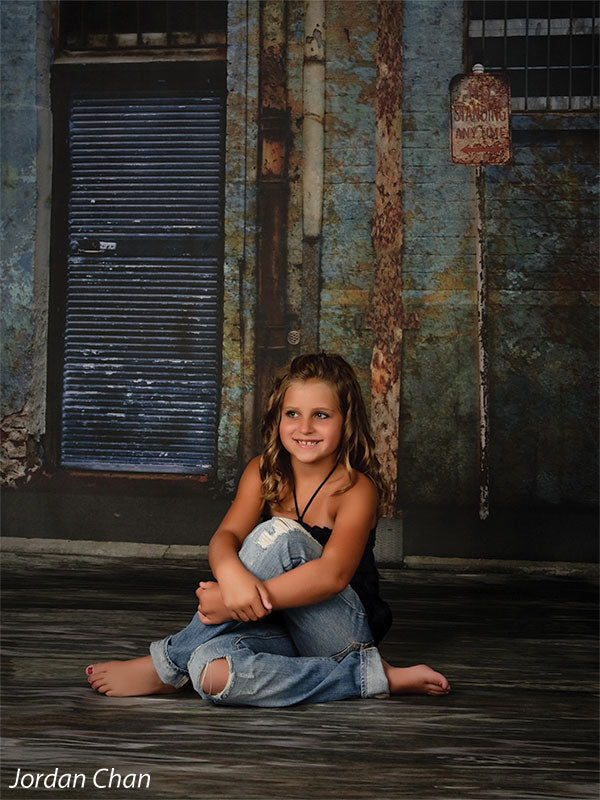 Garage Photography Backdrop – Urban Blue Wall & Rusted Door Scene ...